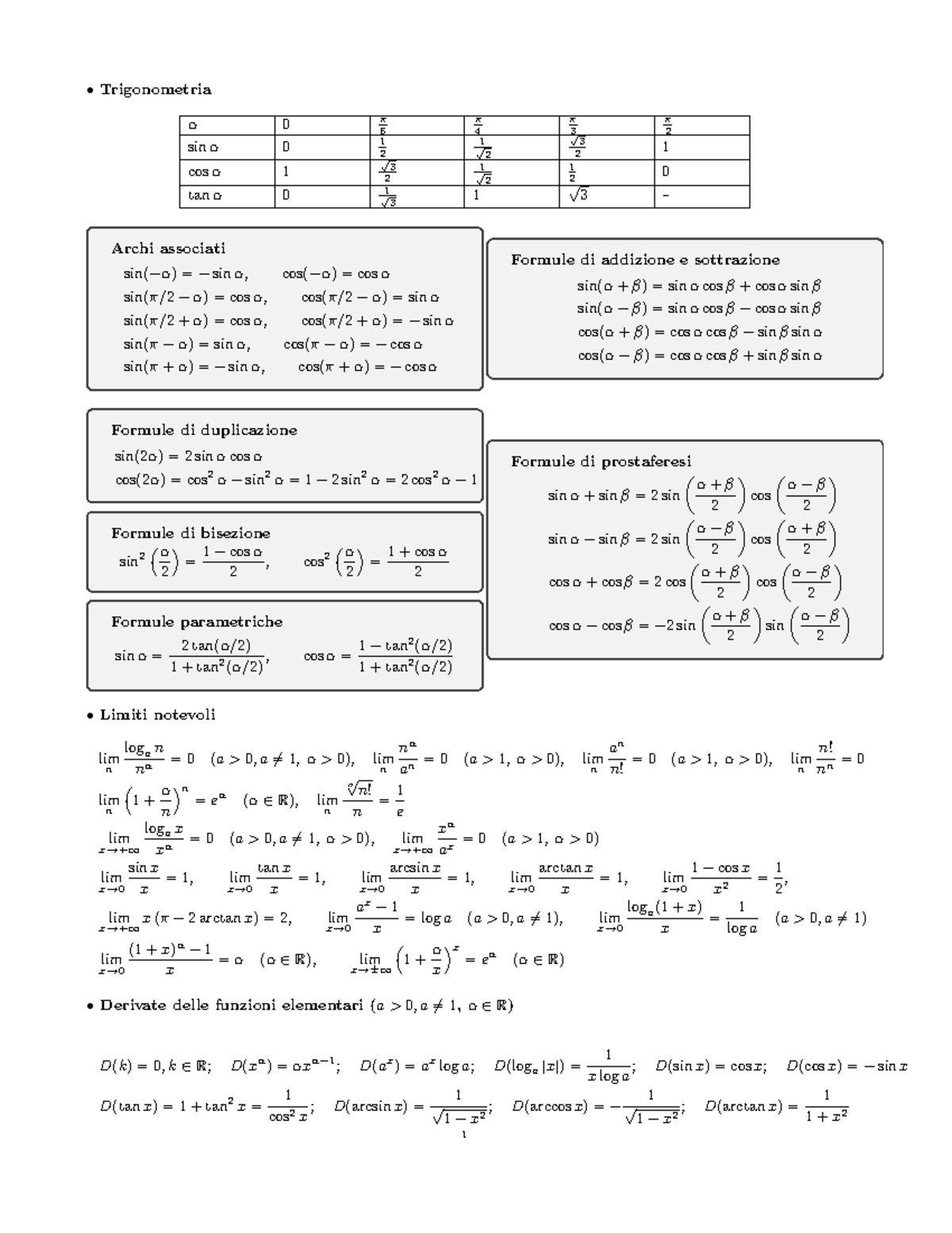 Formulario - Trigonometria α 0 π 6 π 4 π 3 π 2 sin α 0 1 2 √ 1 2 √ 3 2 ...