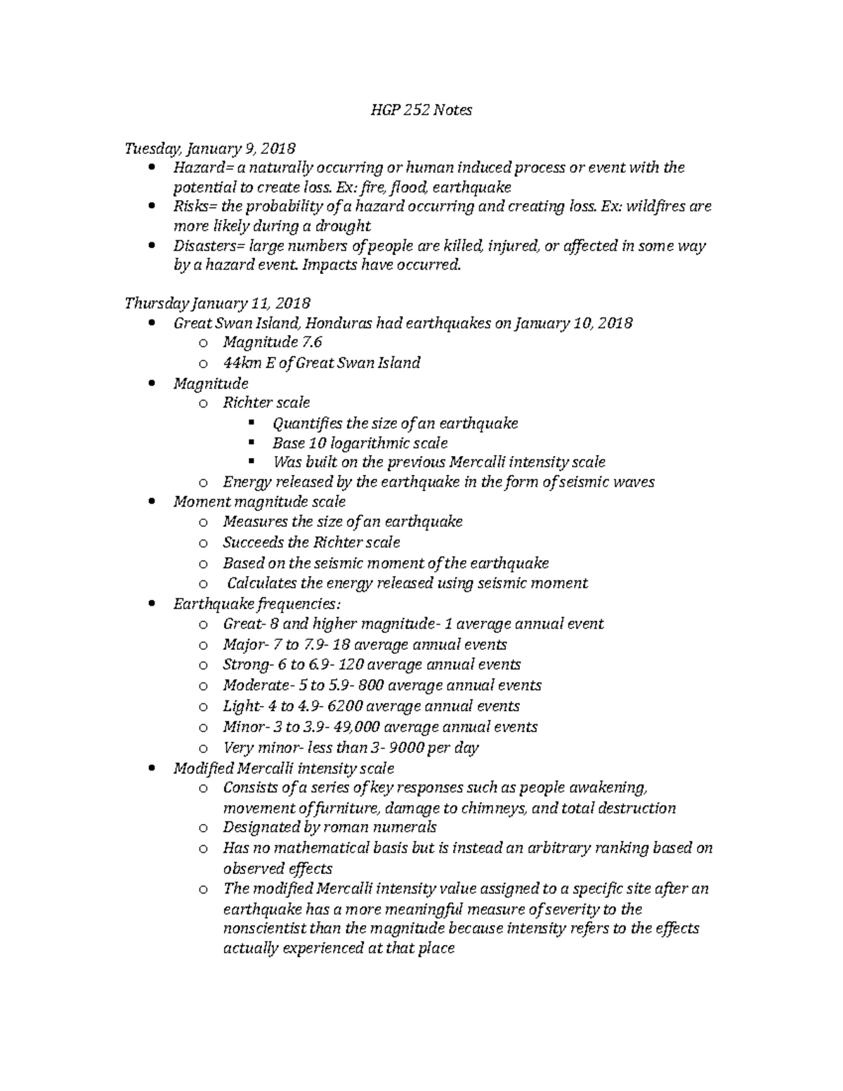 HGP 252 Notes - HGP 252 Notes Tuesday, January 9, 2018 Hazard= a ...