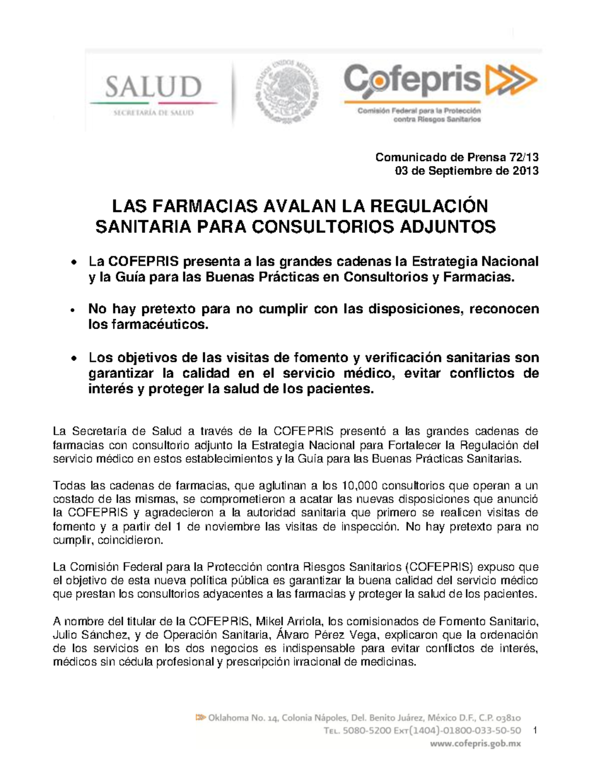 Comunicado Cofepris - folleto - 1 Comunicado de Prensa 72/ 03 de Septiembre de 2013 LAS ...