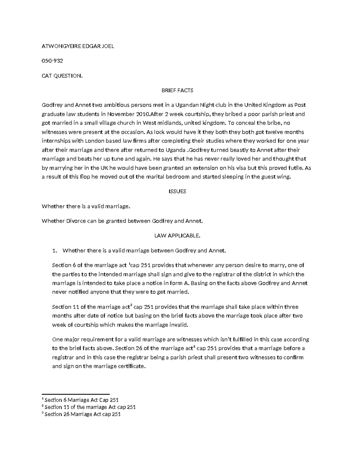 Family LAW CAT 2 - exam - ATWONGYEIRE EDGAR JOEL 050- CAT QUESTION ...