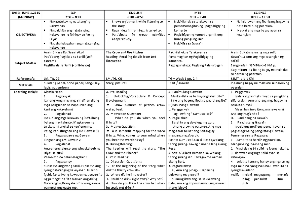 DLP June Day 1 - Lesson Plan - DATE: JUNE 1, (MONDAY) ESP 7:30 – 8 ...