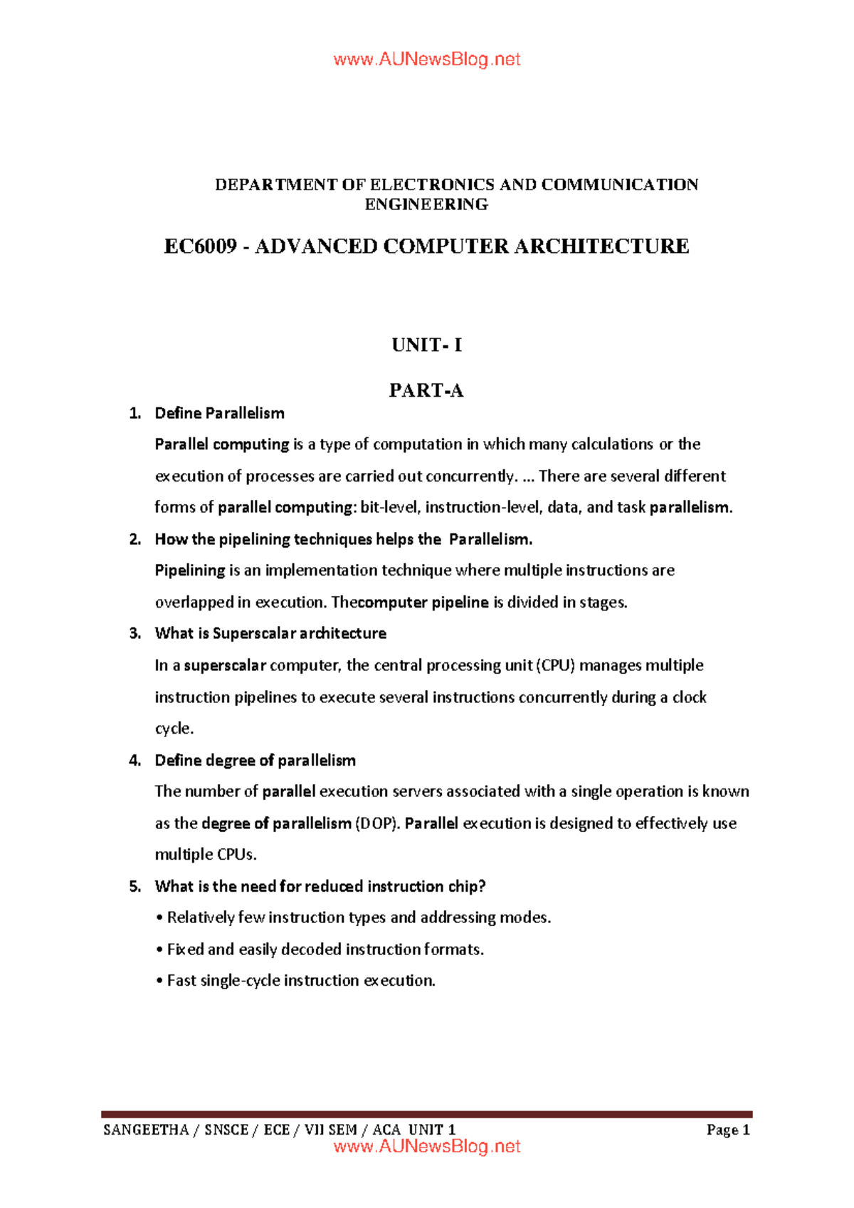 EC6009 Unit 1 IQ - COMPUTER ARCHITECTURE - SANGEETHA / SNSCE / ECE / VII SEM / ACA UNIT 1 Page 1 ...