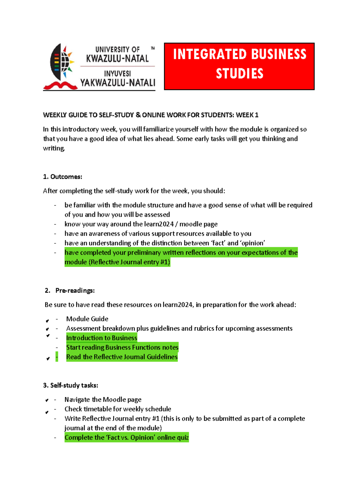 Week 1 self-study guide - WEEKLY GUIDE TO SELF-STUDY & ONLINE WORK FOR ...