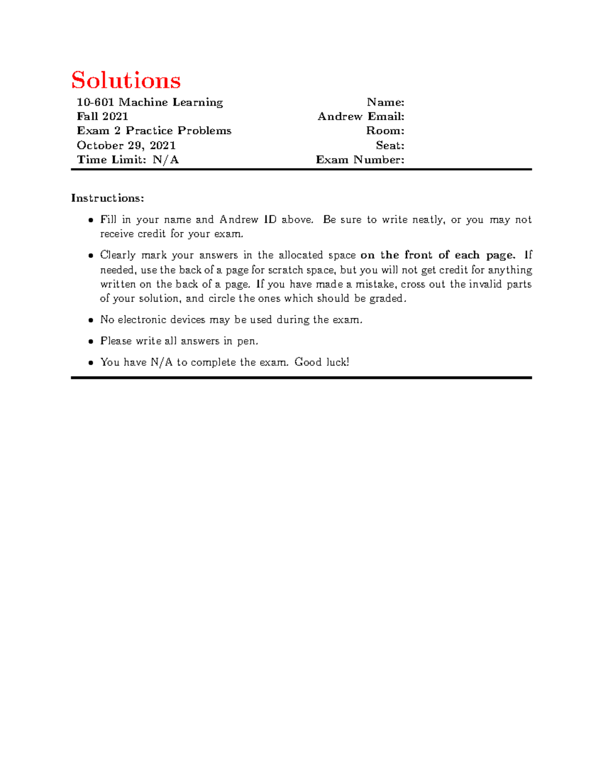 Exam2 practice problems solutions - Solutions 10-601 Machine Learning ...