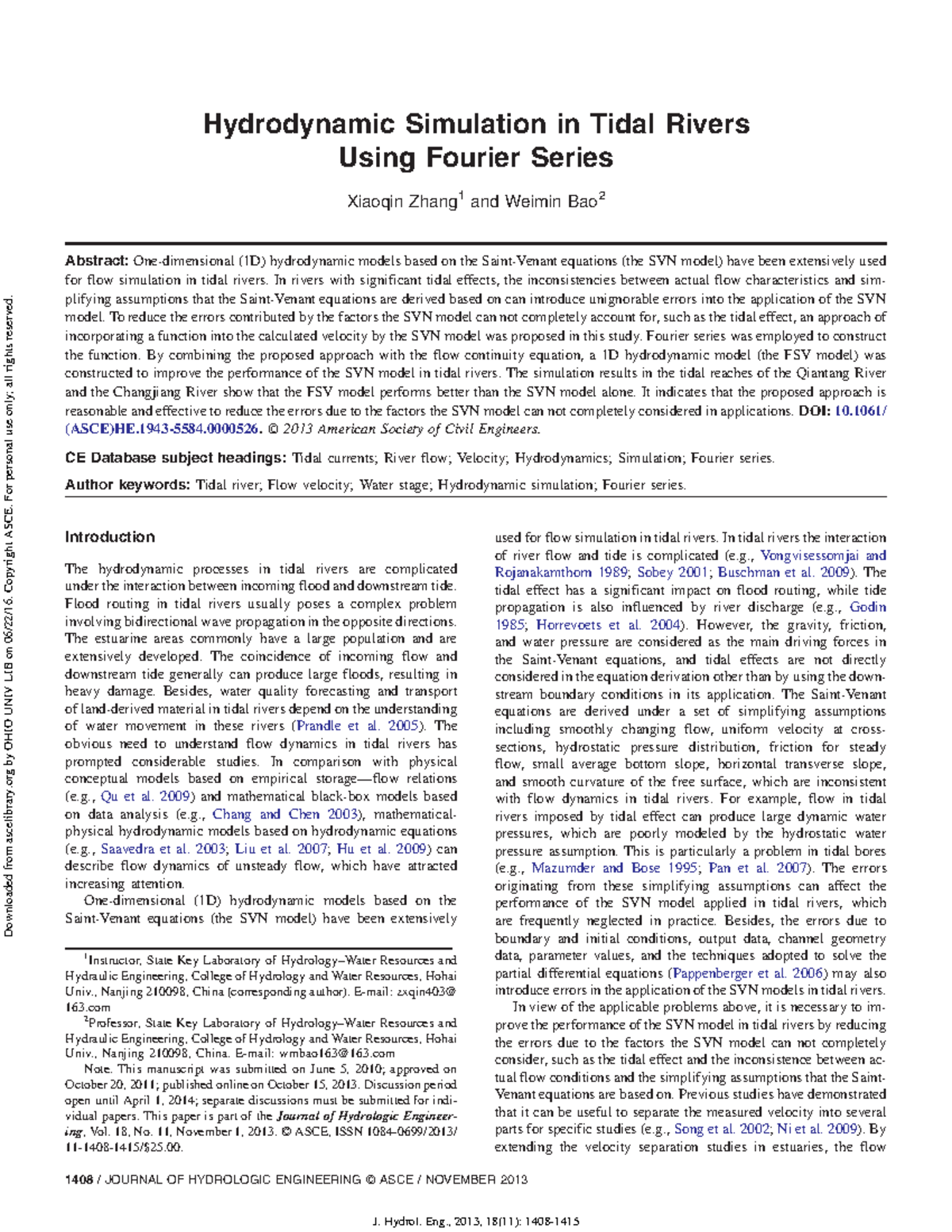 Zhang 2013 - law - Hydrodynamic Simulation in Tidal Rivers Using Fourier Series Xiaoqin Zhang 1 ...