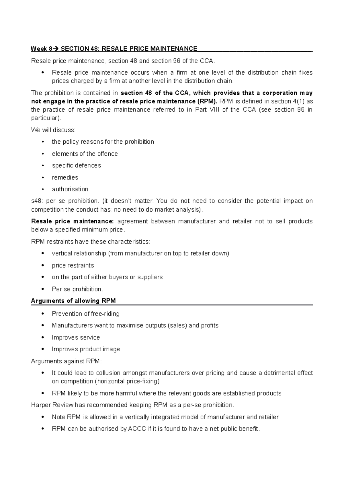 Week 8 Resale Price Maintenance - Week 8 SECTION 48: RESALE PRICE ...
