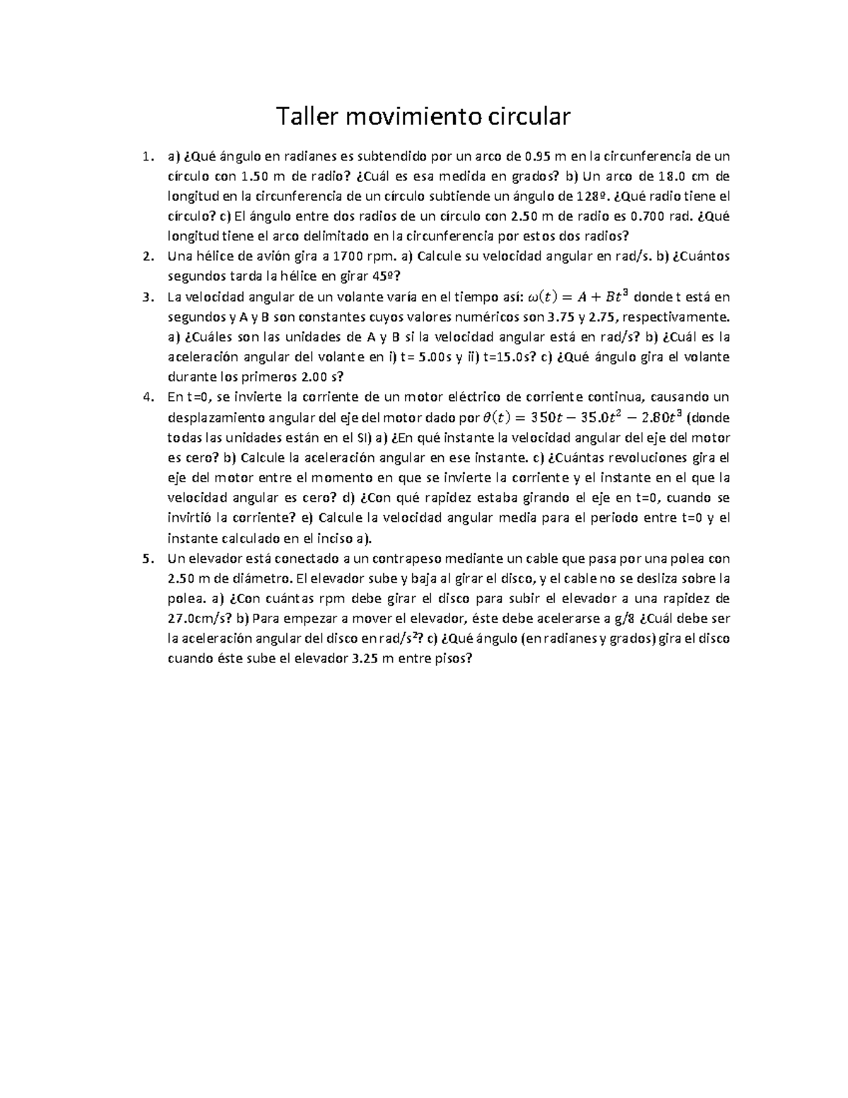 Taller movimiento circular - ¿Qué radio tiene el círculo? c) El ángulo ...