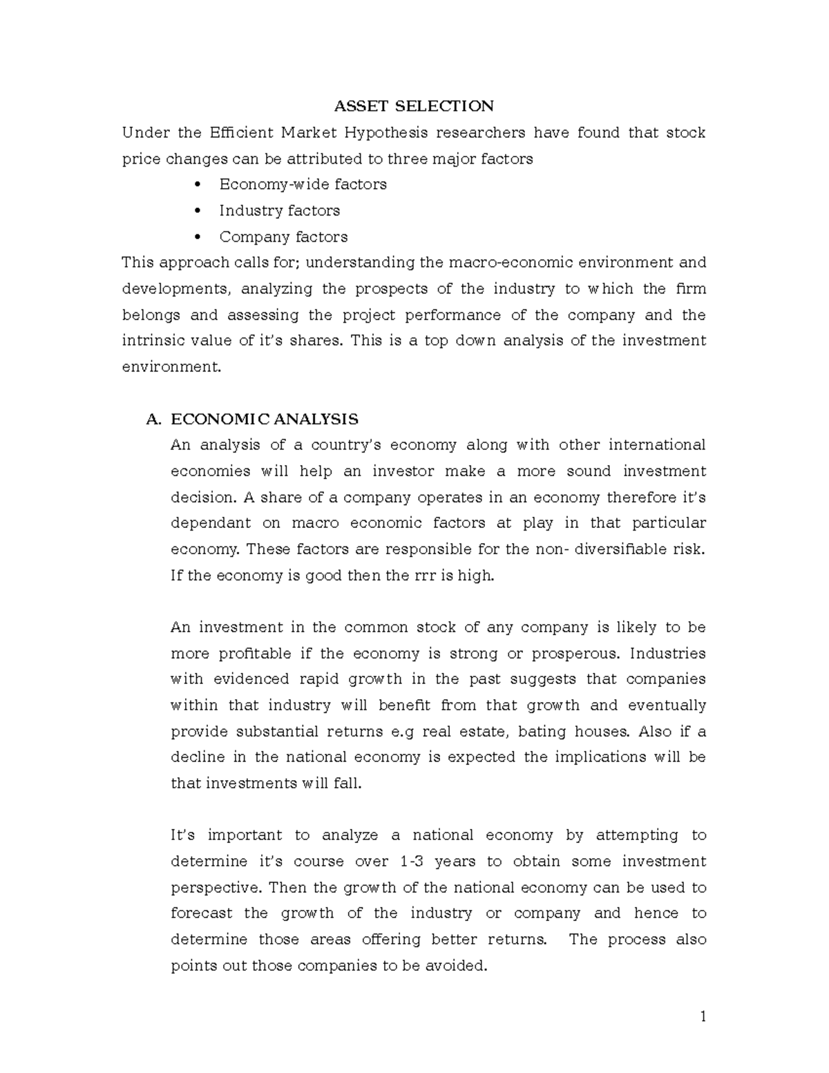Asset Selection (BCOM) - ASSET SELECTION Under the Efficient Market ...