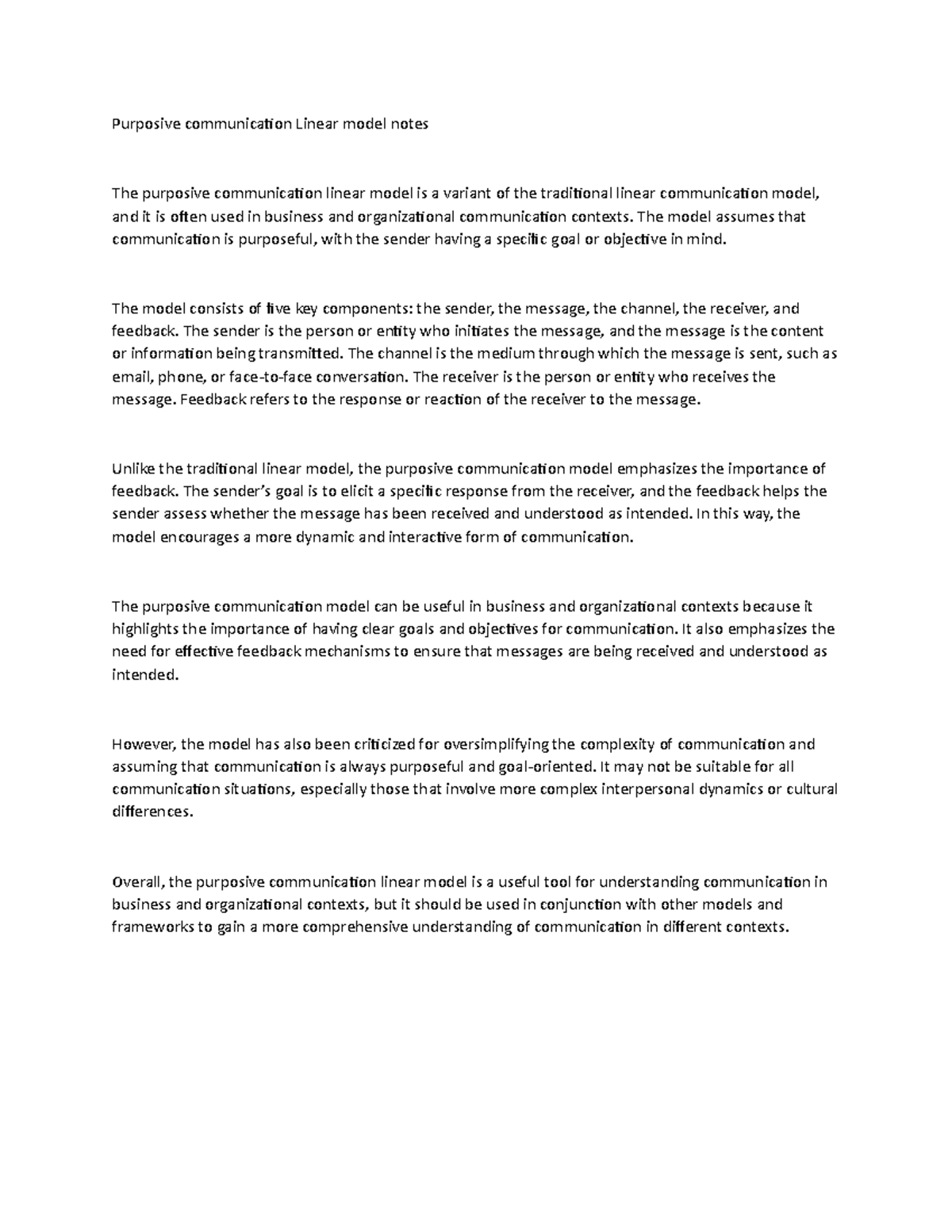 Purposive communication Linear model notes - The model assumes that ...