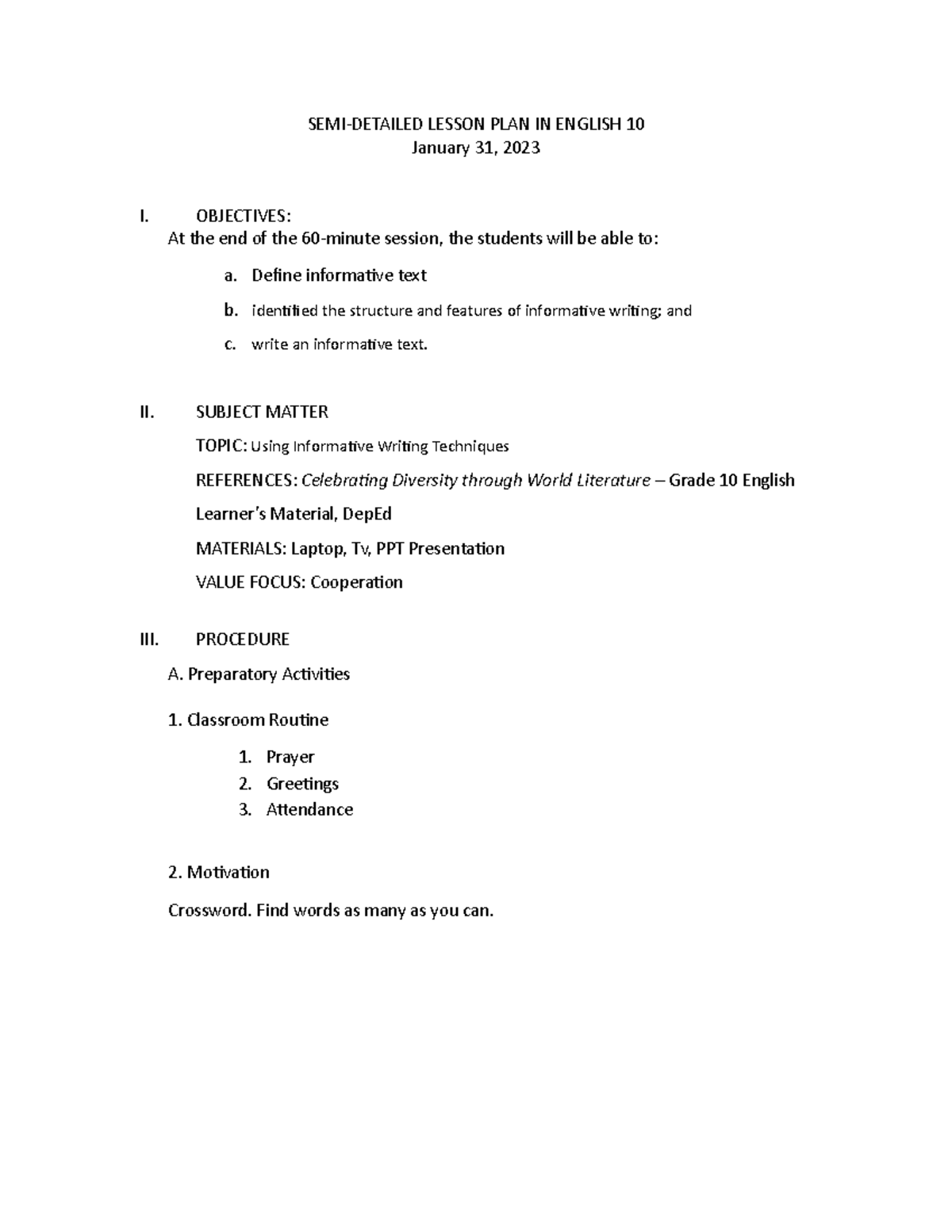 Q3-L2 - JJRTYRY - SEMI-DETAILED LESSON PLAN IN ENGLISH 10 January 31 ...