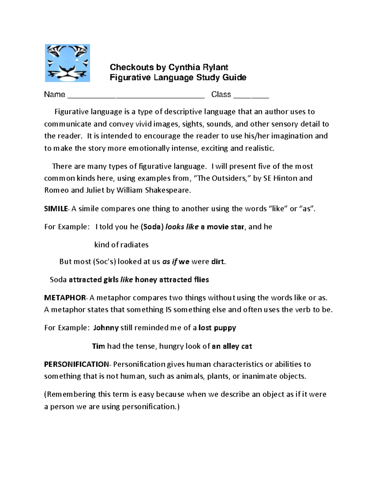 Tears of a Tiger Part 1 Figurative Language Bundle - Checkouts by ...