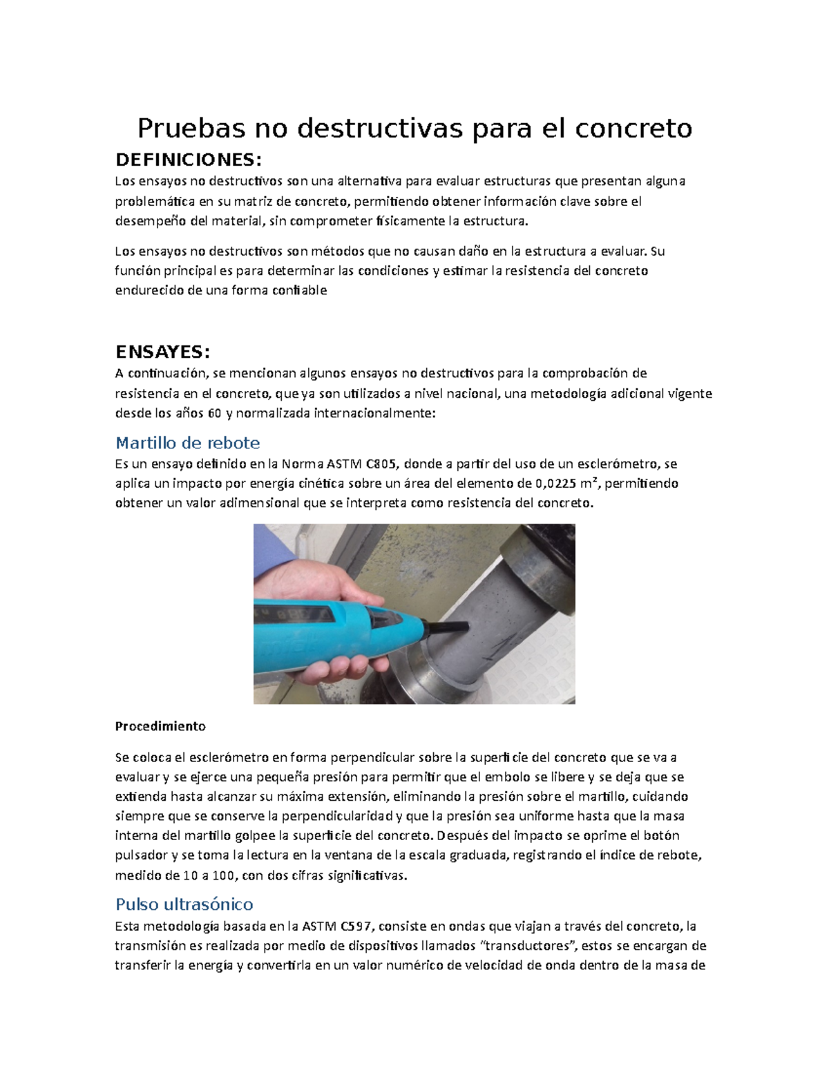 Pruebas aplicables al concreto no destructivas, ni dañinas - Pruebas no ...