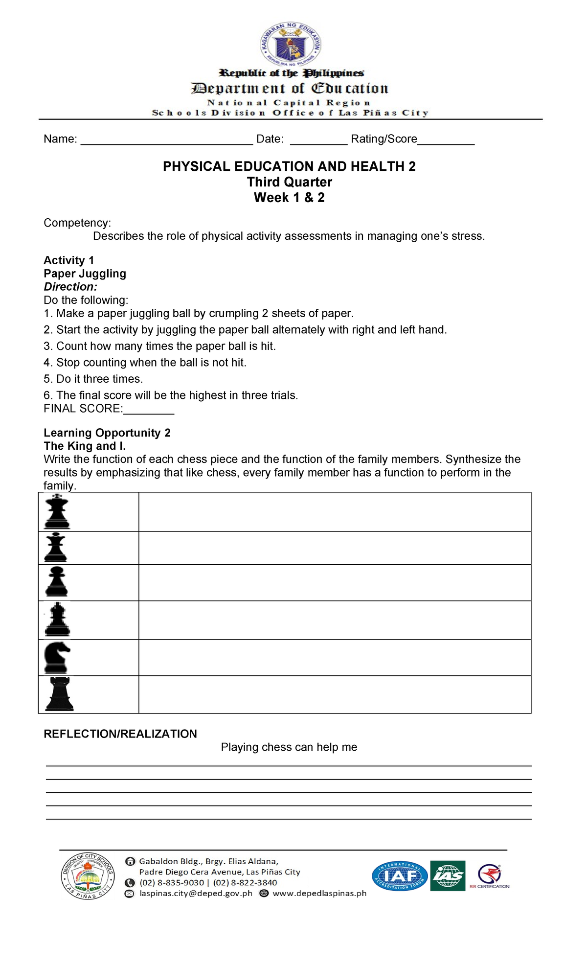 LAW SHS -PE-2-3RD- Quarter - GRADE 11 -P. and Health Name ...