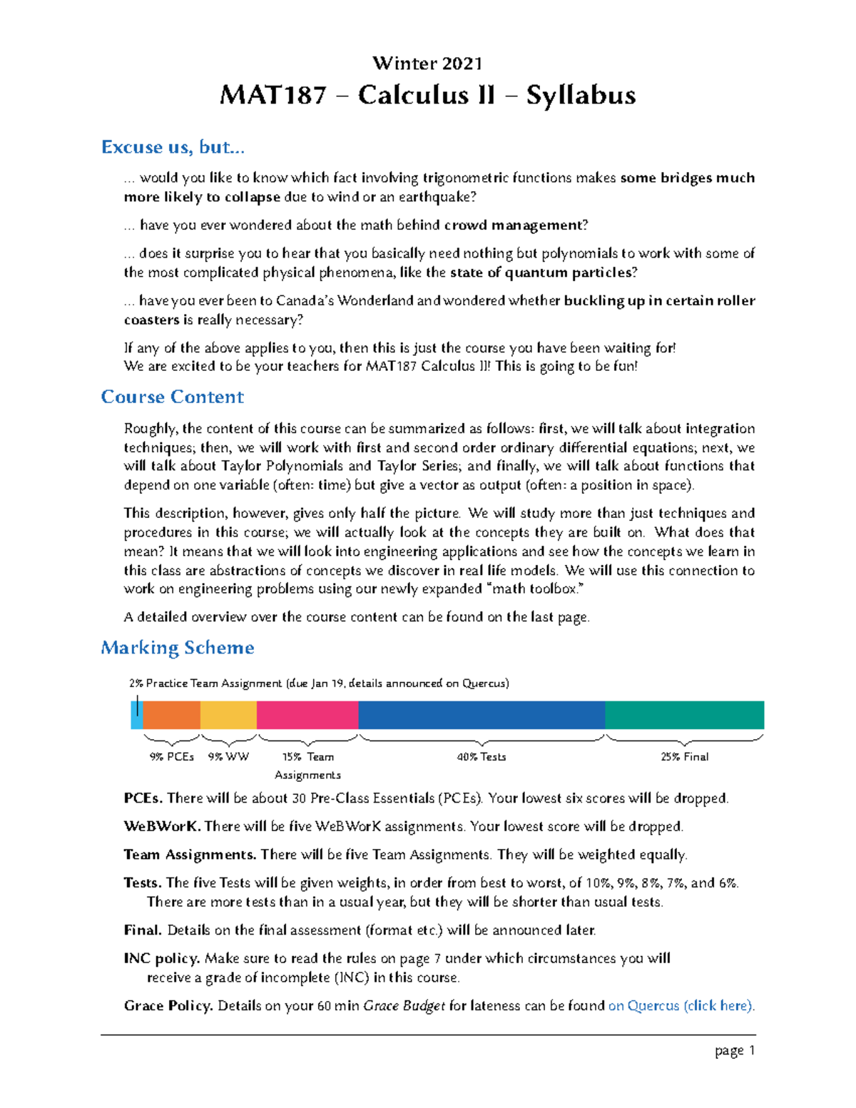 MAT187 syllabus q - Winter 2021 MAT187 – Calculus II – Syllabus Excuse ...