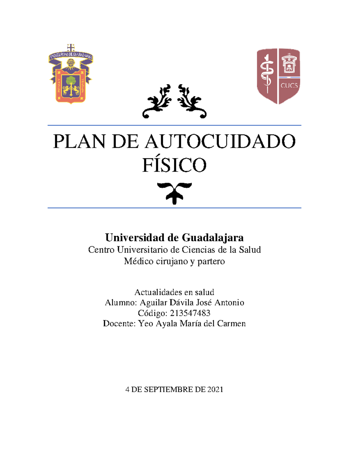 PLAN DE Autocuidado Físico - PLAN DE AUTOCUIDADO FÍSICO Universidad de ...
