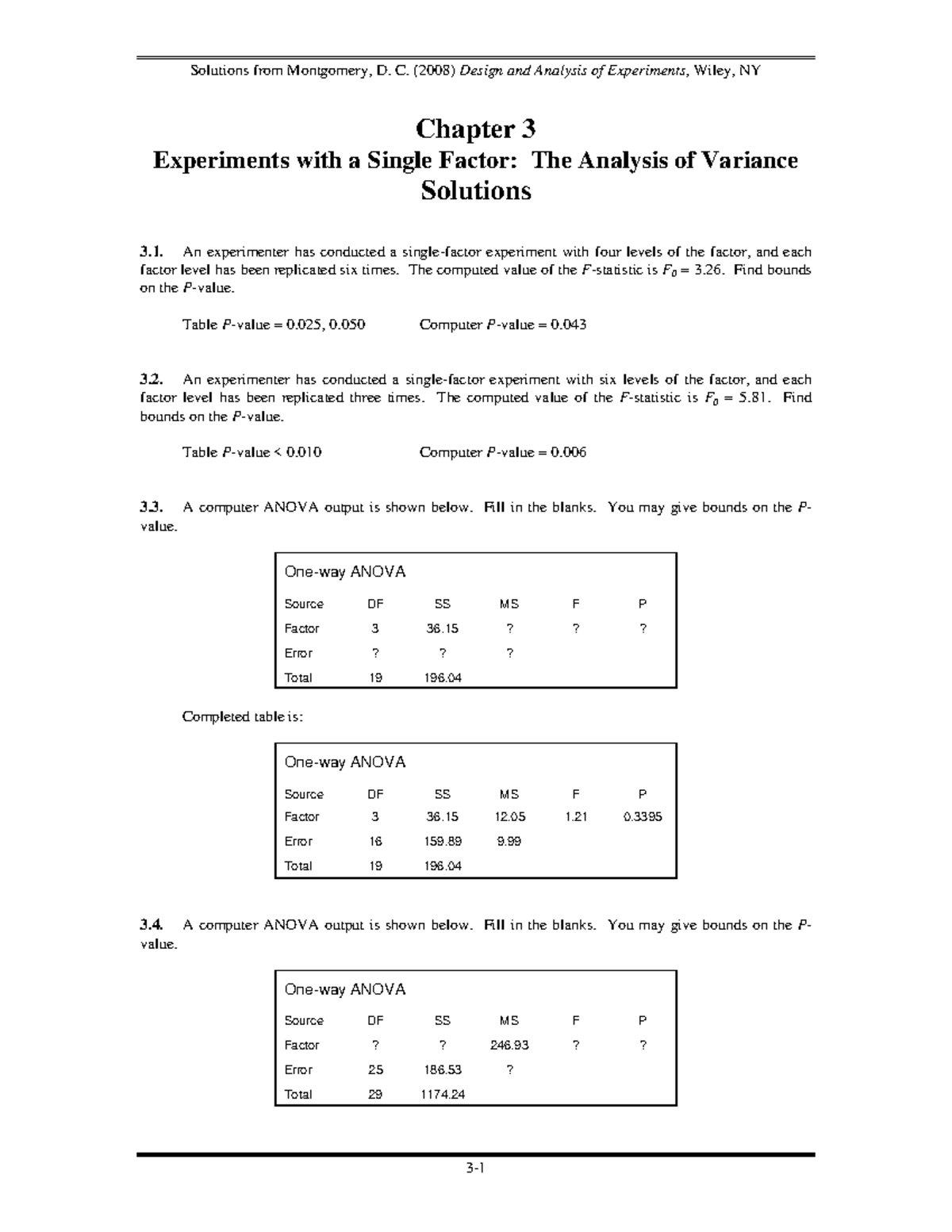 Ch03 - Chapter 3 book soultions - Chapter 3 Experiments with a Single Factor: The Analysis of ...