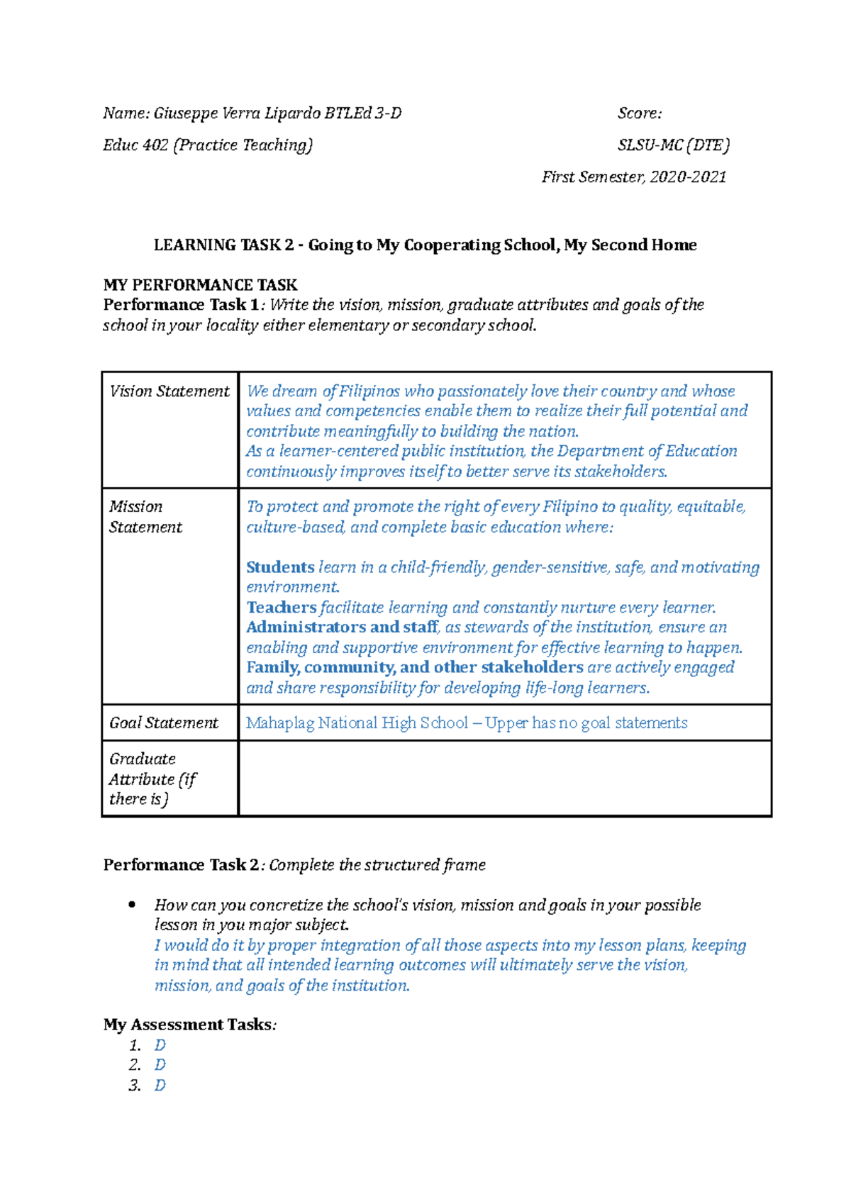 Practice Teaching - Learning Task 2 - SLSU - Studocu