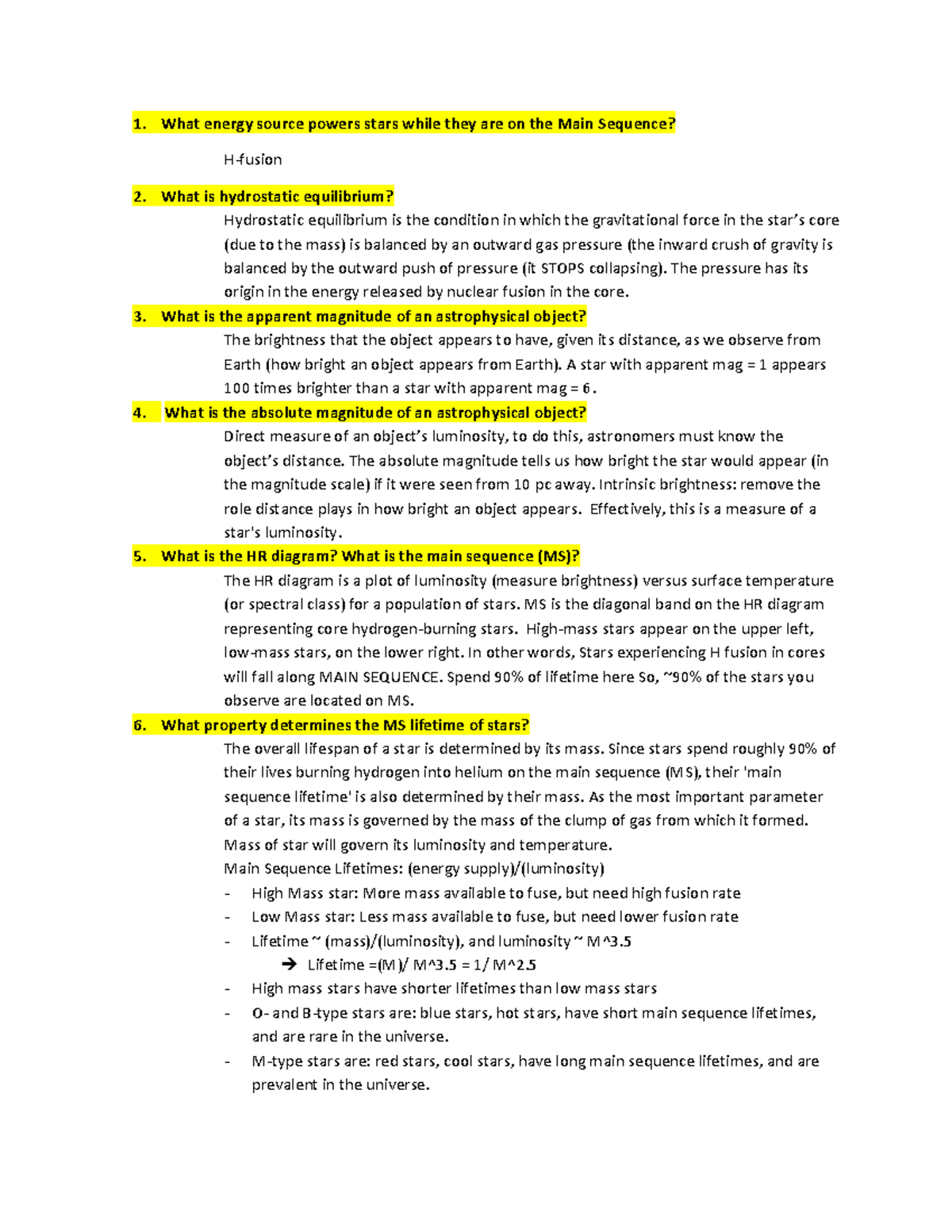 Astronomy Exam 3 Study Guide - 1. What energy source powers stars while ...