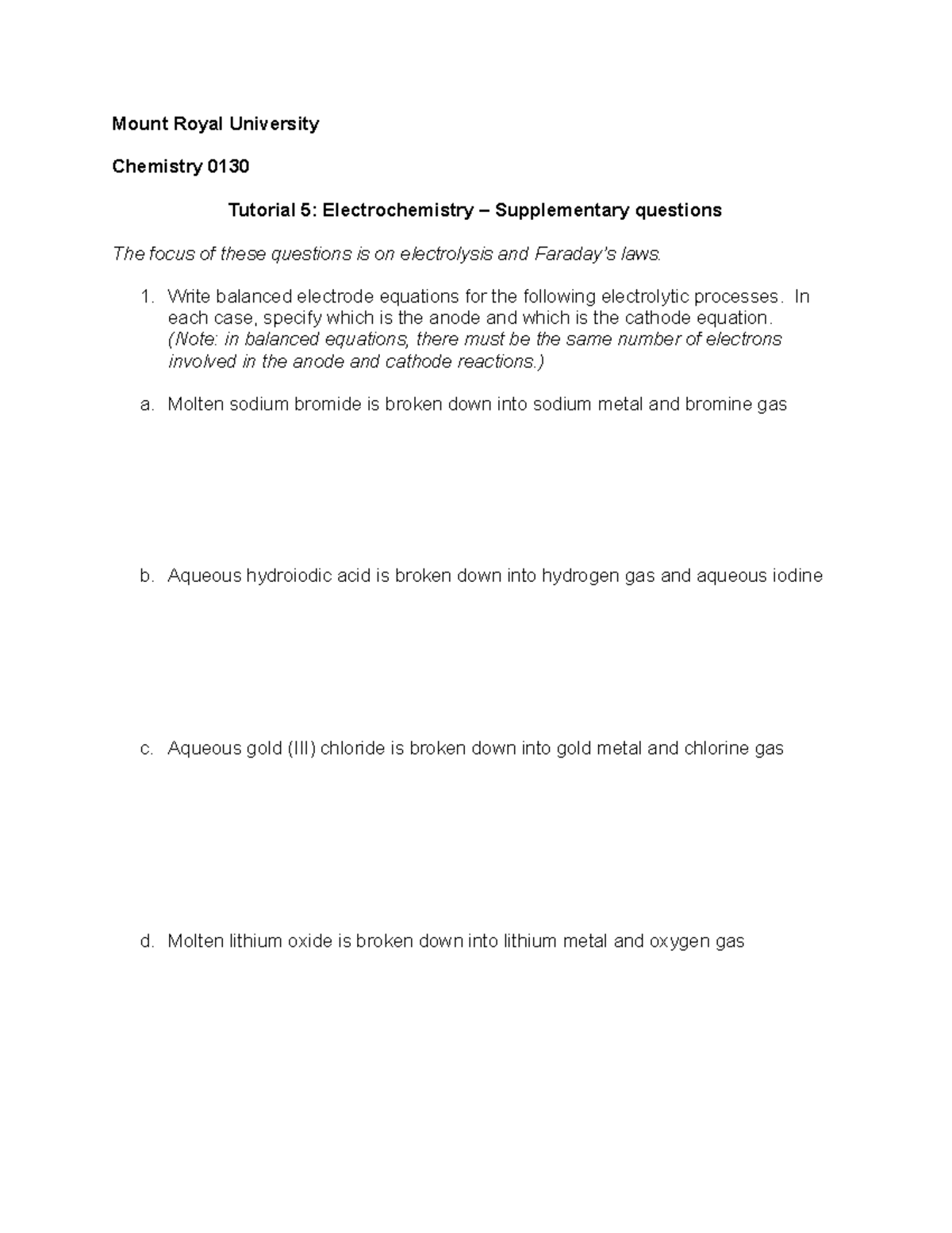 Chem 0130 Tutorial 5 supplement(1) - Mount Royal University Chemistry 0130 Tutorial 5: - Studocu