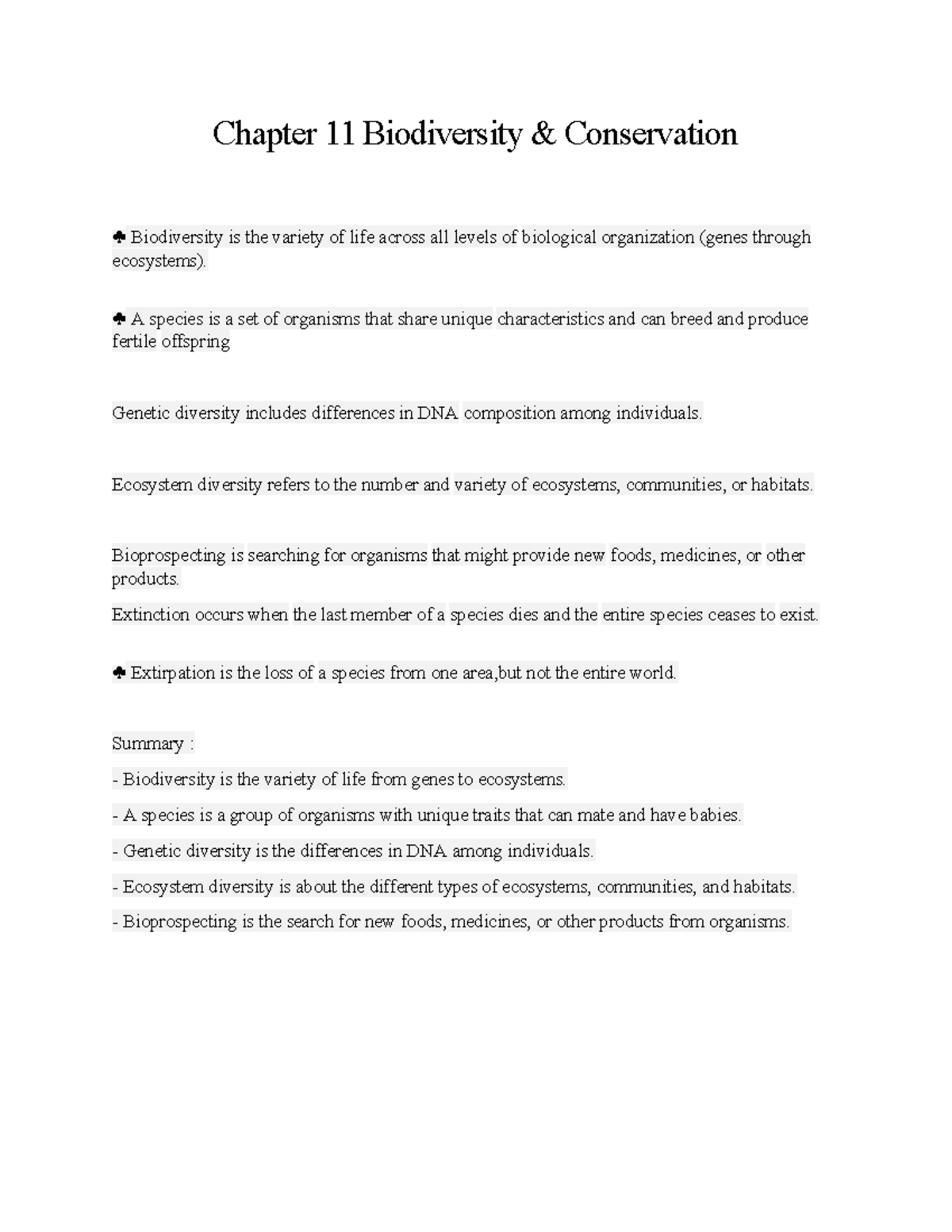 Chapter 11 isa - notes - Chapter 11 Biodiversity & Conservation ...