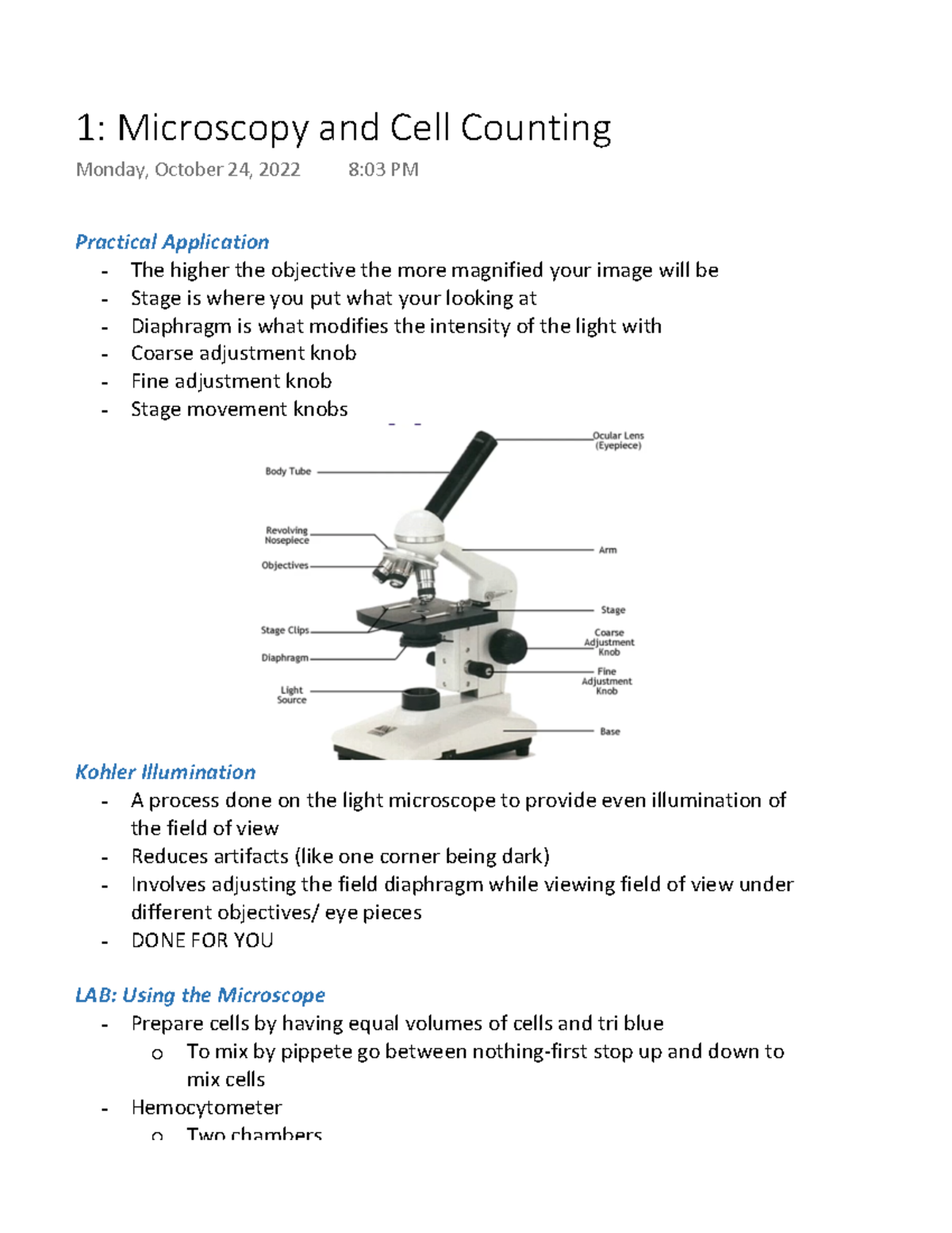 1 Microscopy and Cell Counting - Practical Application The higher the ...