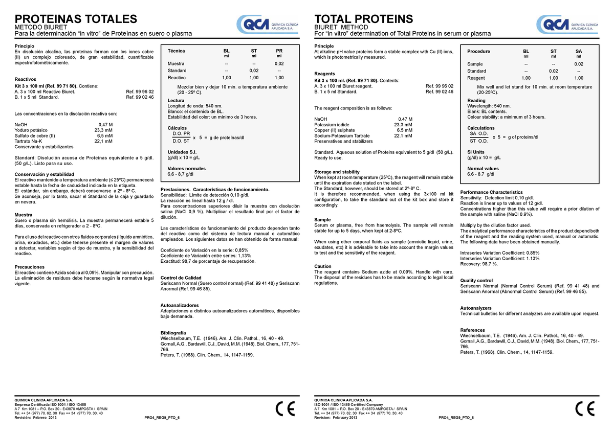 Inserto proteinas totales marca QCA - QUIMICA CLINICA APLICADA S. Empresa Certificada ISO 9001 ...