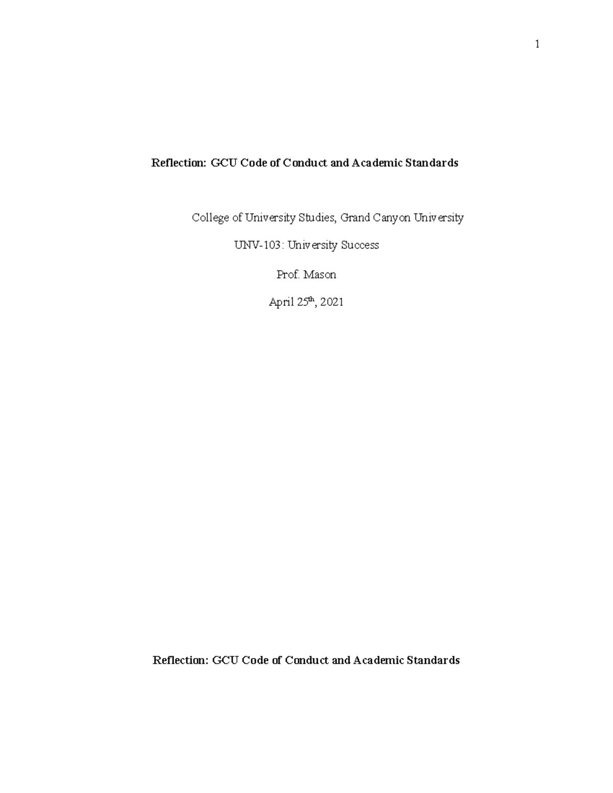 100 Level Writing Example - Reflection: GCU Code of Conduct and ...