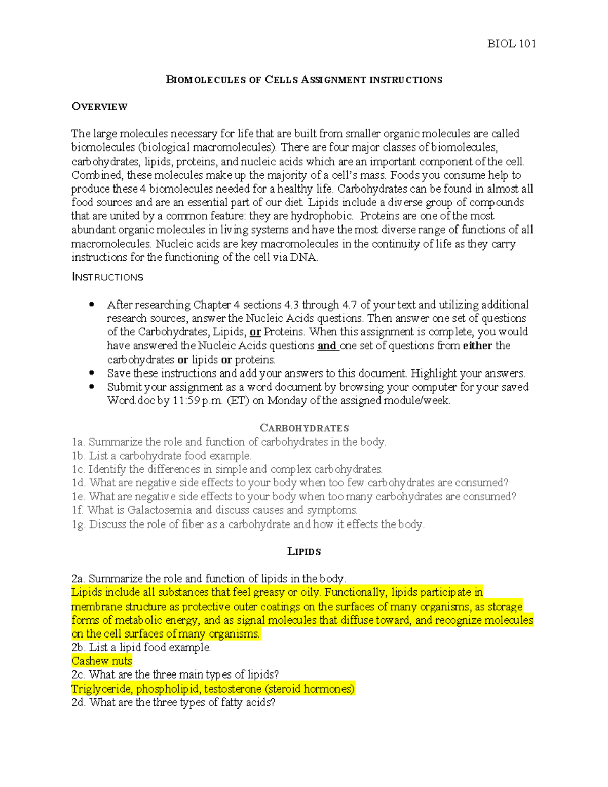 Biomolecules of Cells Assignment - BIOL 101 BIOMOLECULES OF CELLS ...