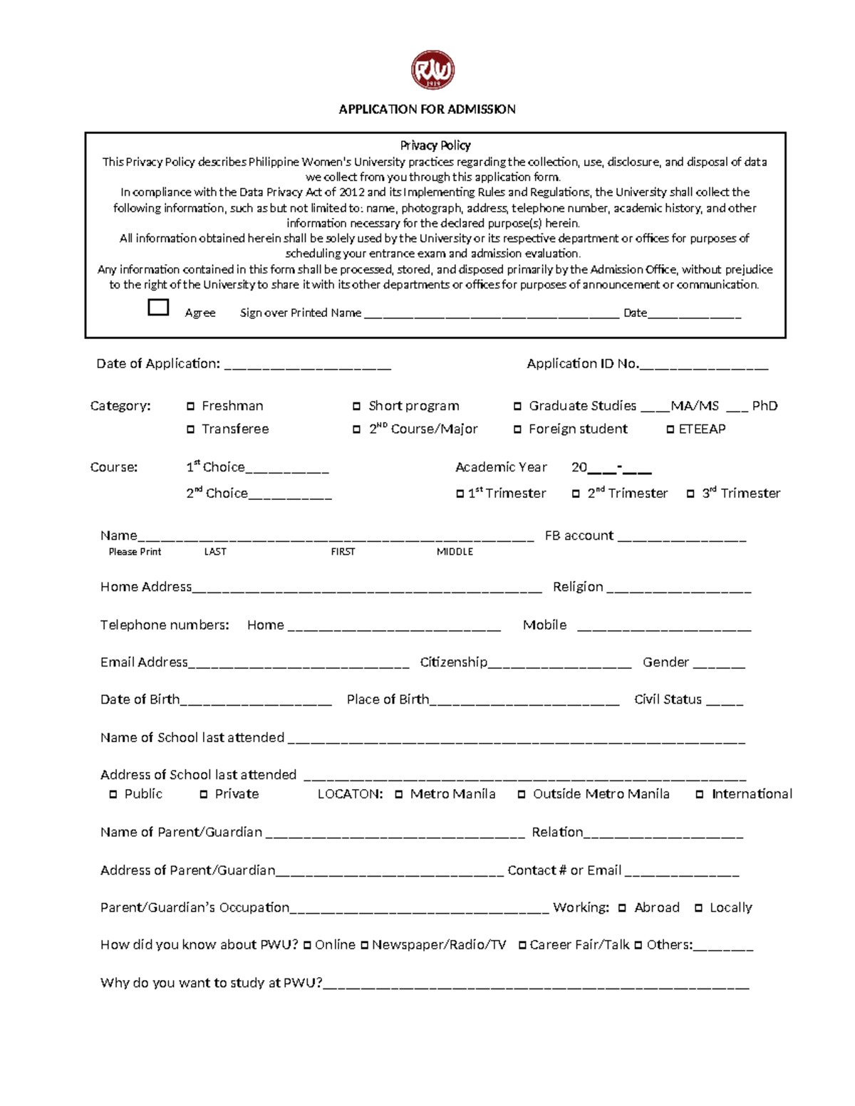 PWU Application for Admissions - APPLICATION FOR ADMISSION Category ...
