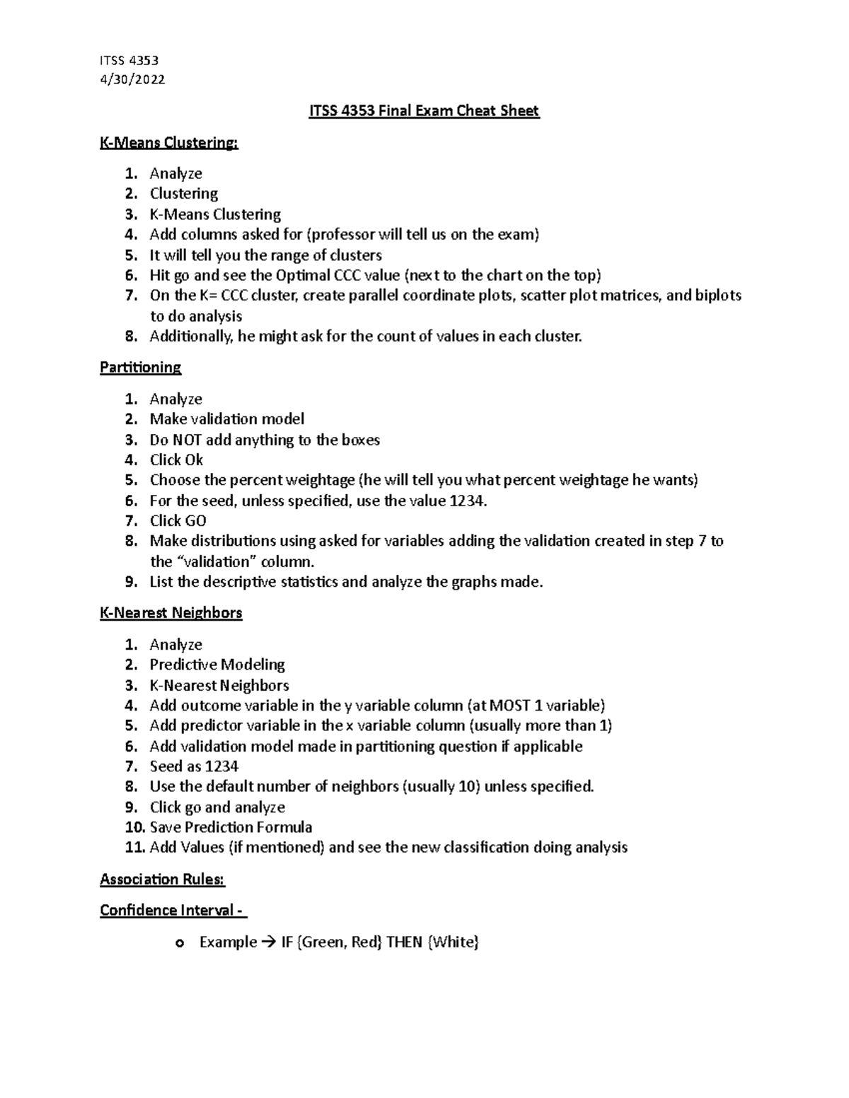 ITSS 4353 Final Exam Cheat Sheet - 4/30/ ITSS 4353 Final Exam Cheat Sheet K-Means Clustering ...