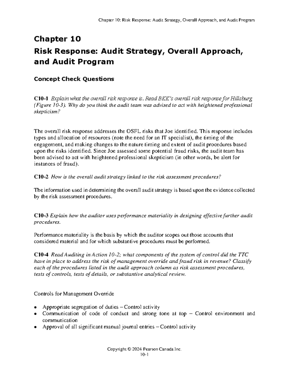 Audit Chapter 10 Answer - Copyright © 2024 Pearson Canada Inc. Chapter 10 Risk Response: Audit ...