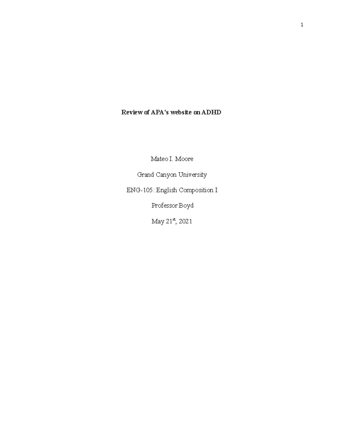 GCU Review Essay First Draft - Review of APA’s website on ADHD Mateo I ...