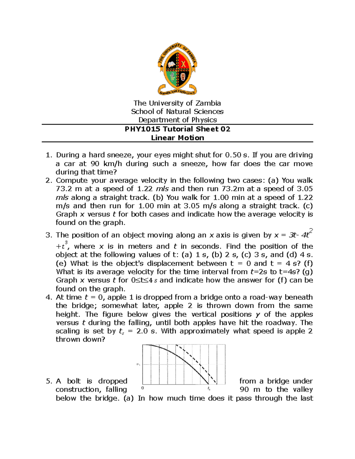 Practice questions on linear motion - The University of Zambia School ...