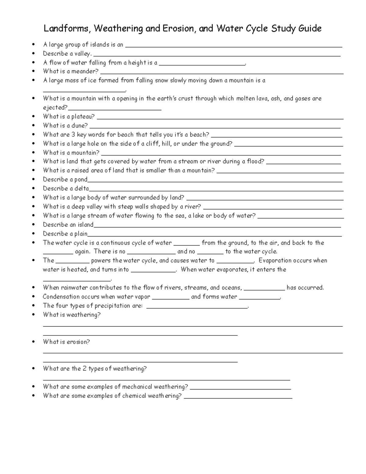 Landforms, Weathering and Erosion, and Water Cycle Study Guide 2022 ...