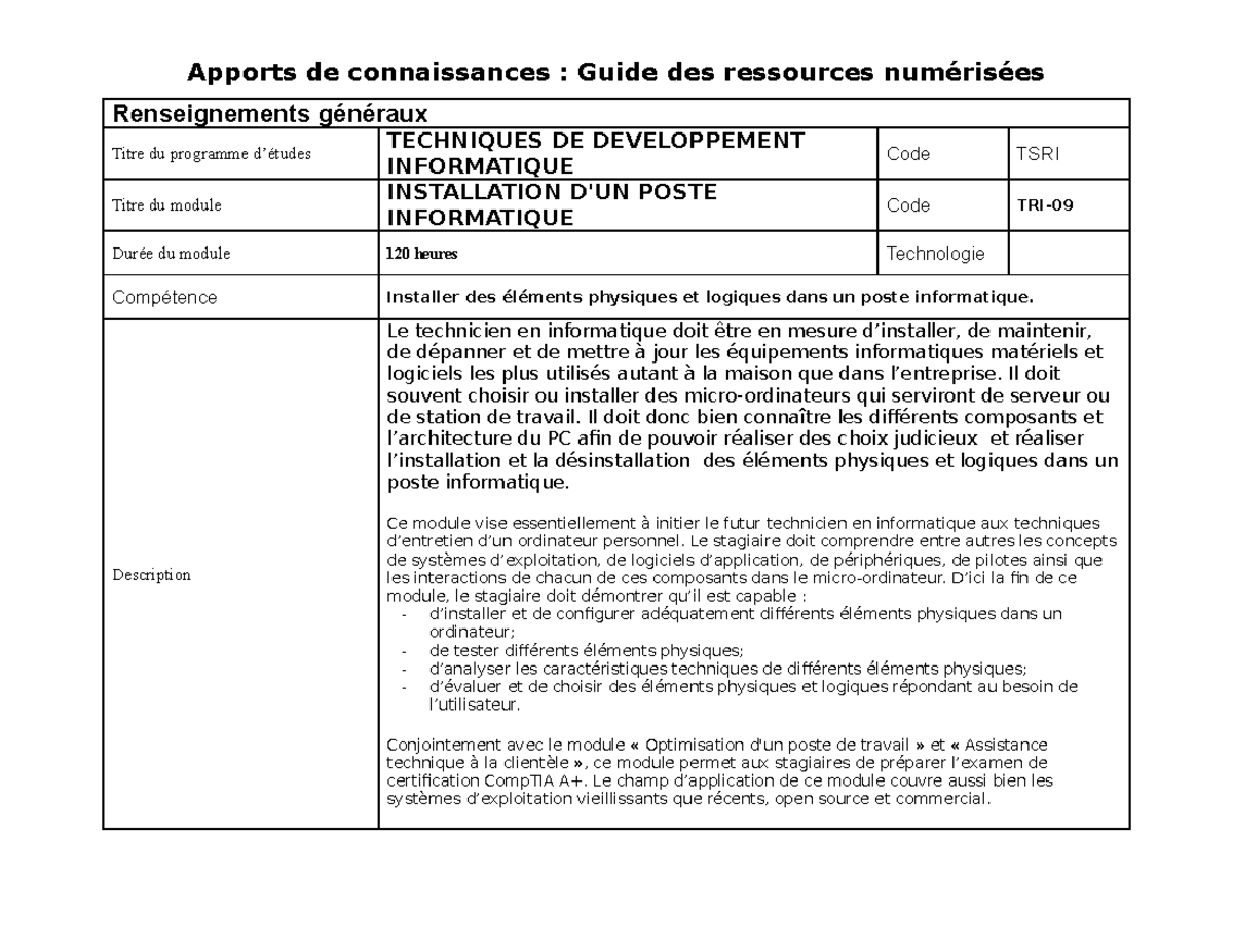 Plan de module 09-Installation de poste Informatique - Renseignements ...