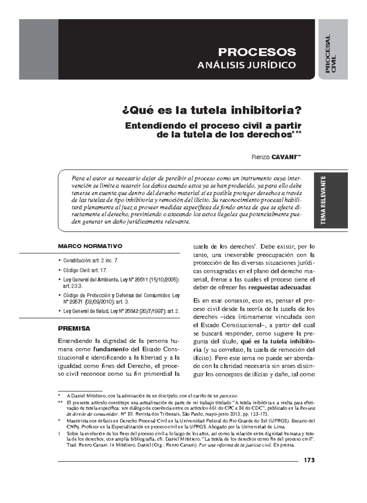 Tutela inhibitoria y tutela de los derechos.Renzo Cavani - ANÁLISIS ...