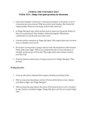 CWB211 Week Eleven Tutorial Questions - CWB211: THE UNSTABLE SELF WEEK ...