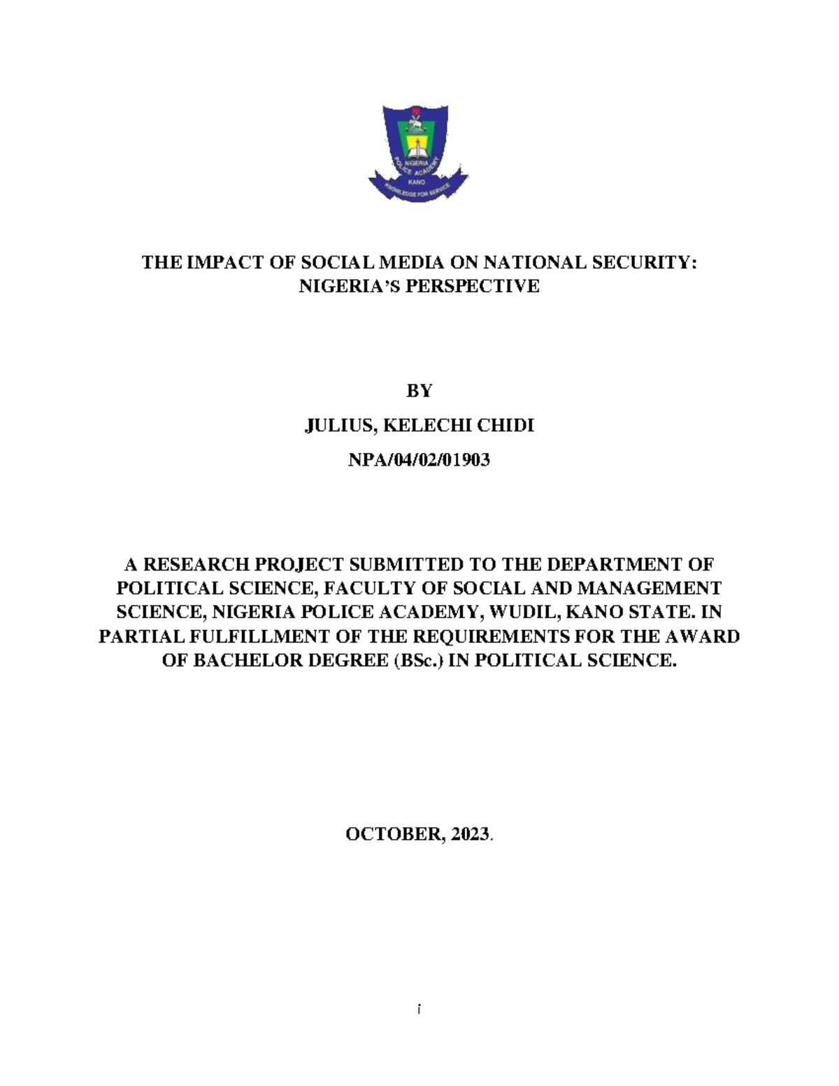 THE Project Cover PAGE - i THE IMPACT OF SOCIAL MEDIA ON NATIONAL ...