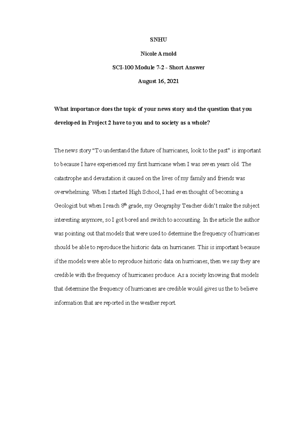 Sci100 Module 7 - short Paper - SNHU Nicole Arnold SCI-100 Module 7-2 ...