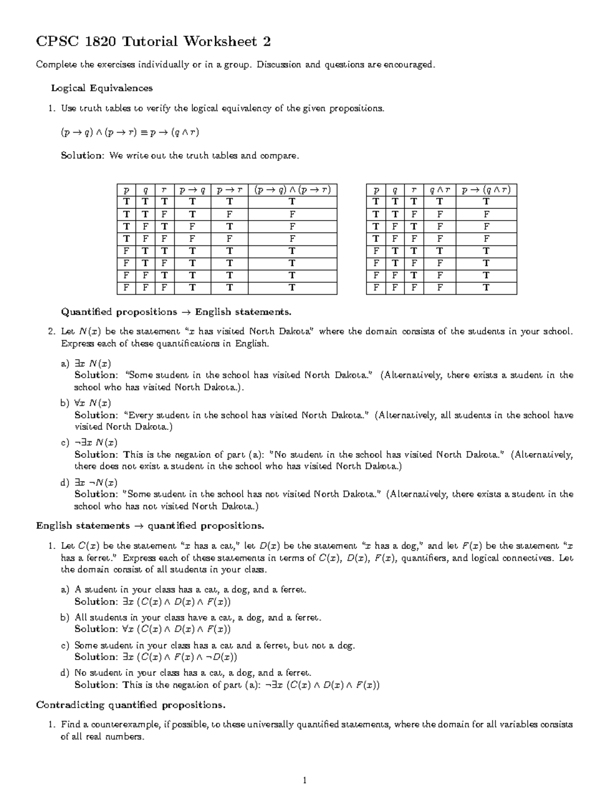 Worksheet 2 - Questions and Answers - CPSC 1820 Tutorial Worksheet 2 Complete the exercises ...