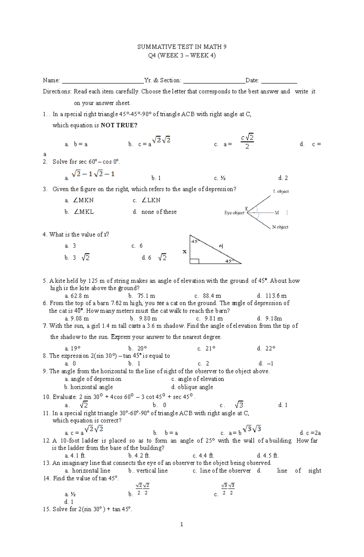 Math 9 Q4 Summative Test Wk3 4 SUMMATIVE TEST IN MATH 9 Q4 WEEK 3 
