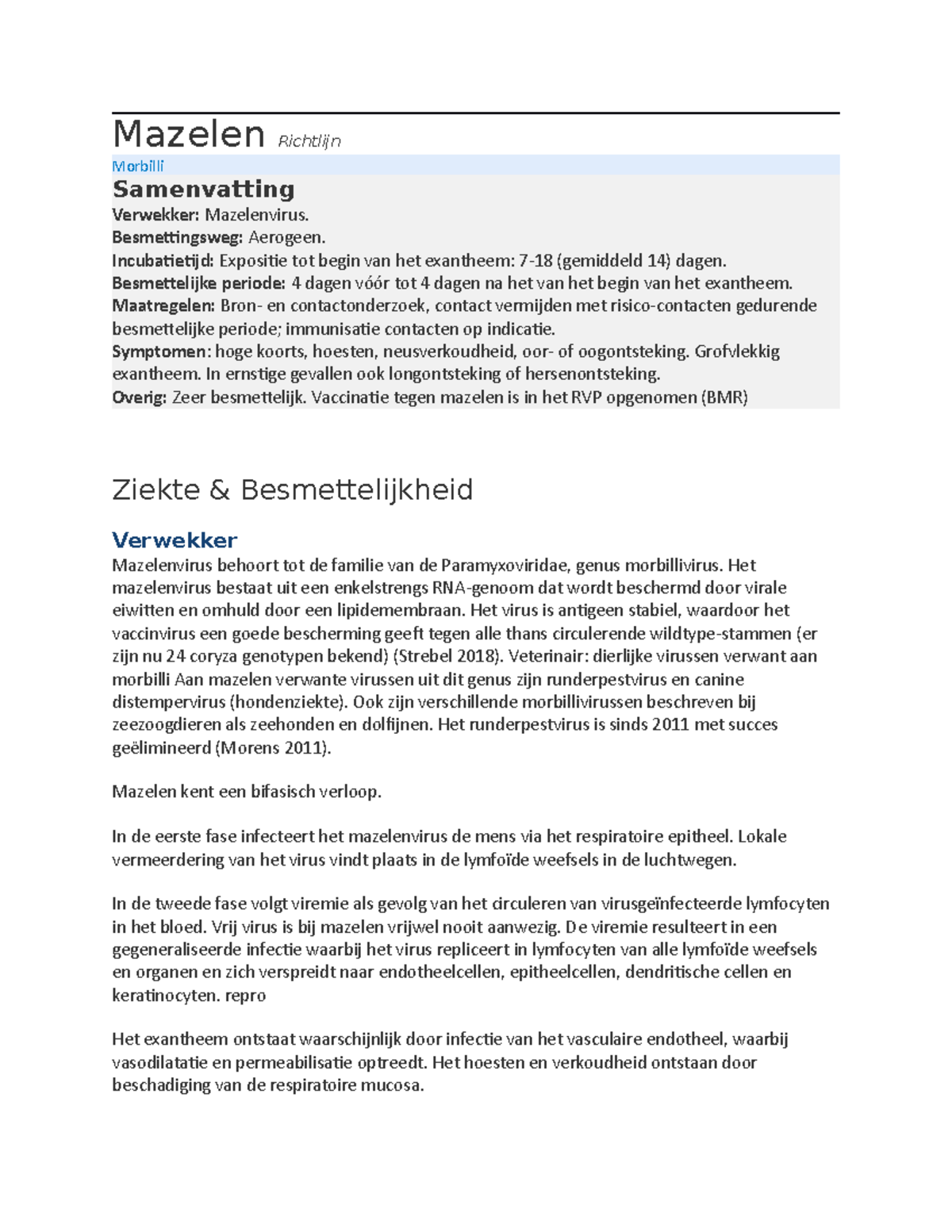 Mazelen (uitgewerkt) - Mazelen Richtlijn Morbilli Samenvatting ...