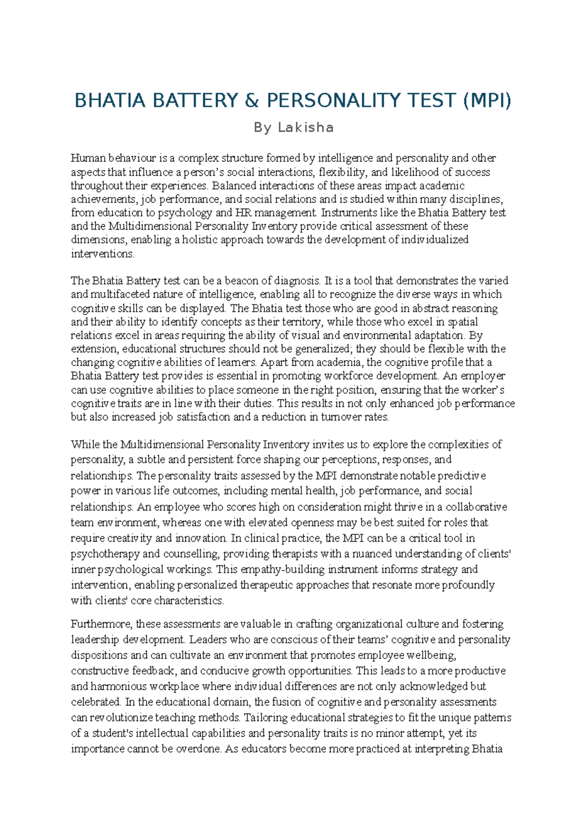 Bhatia Battery & Personality Test (MPI) - BHATIA BATTERY & PERSONALITY ...