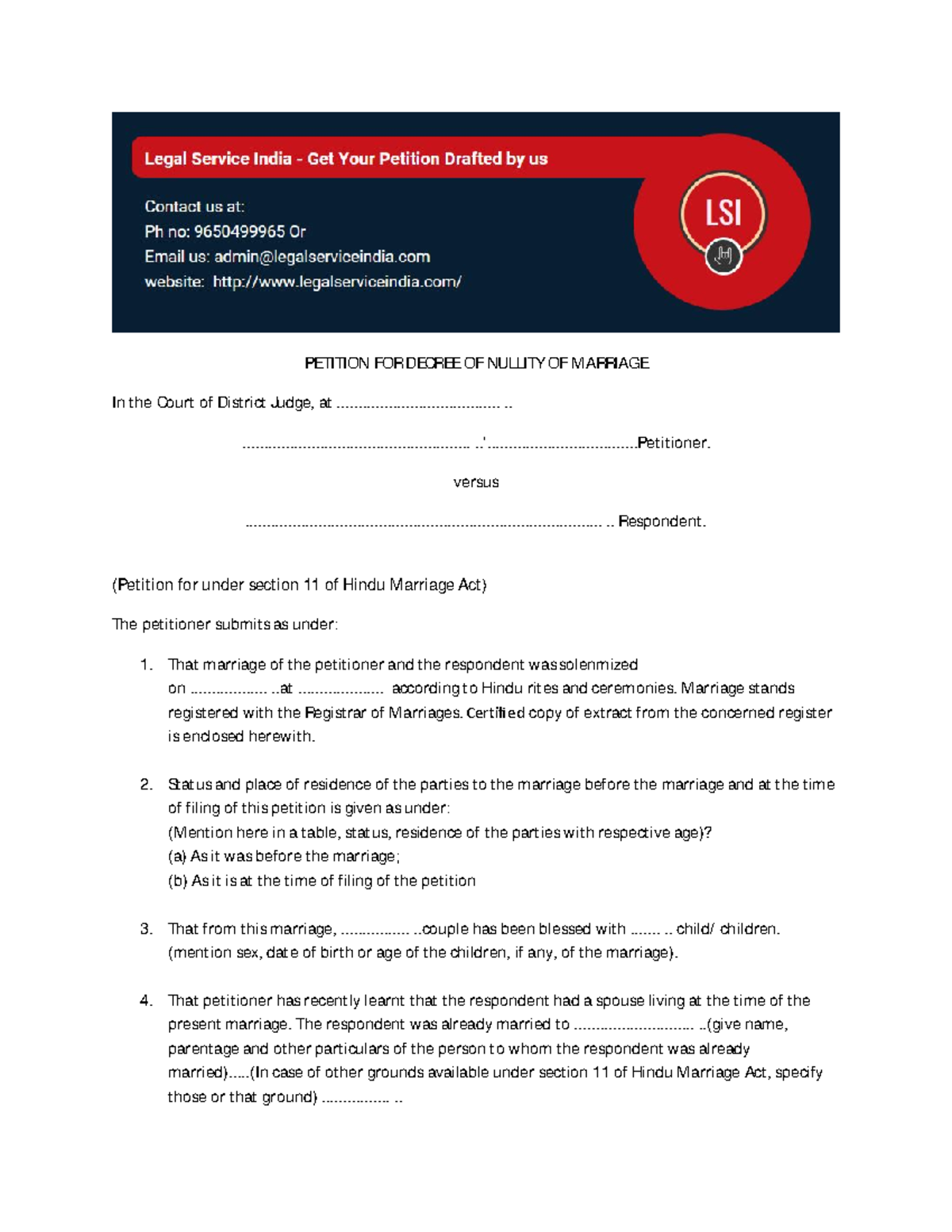 Petition decree of nullity marriage section 11 - PETITION FOR DECREE OF ...