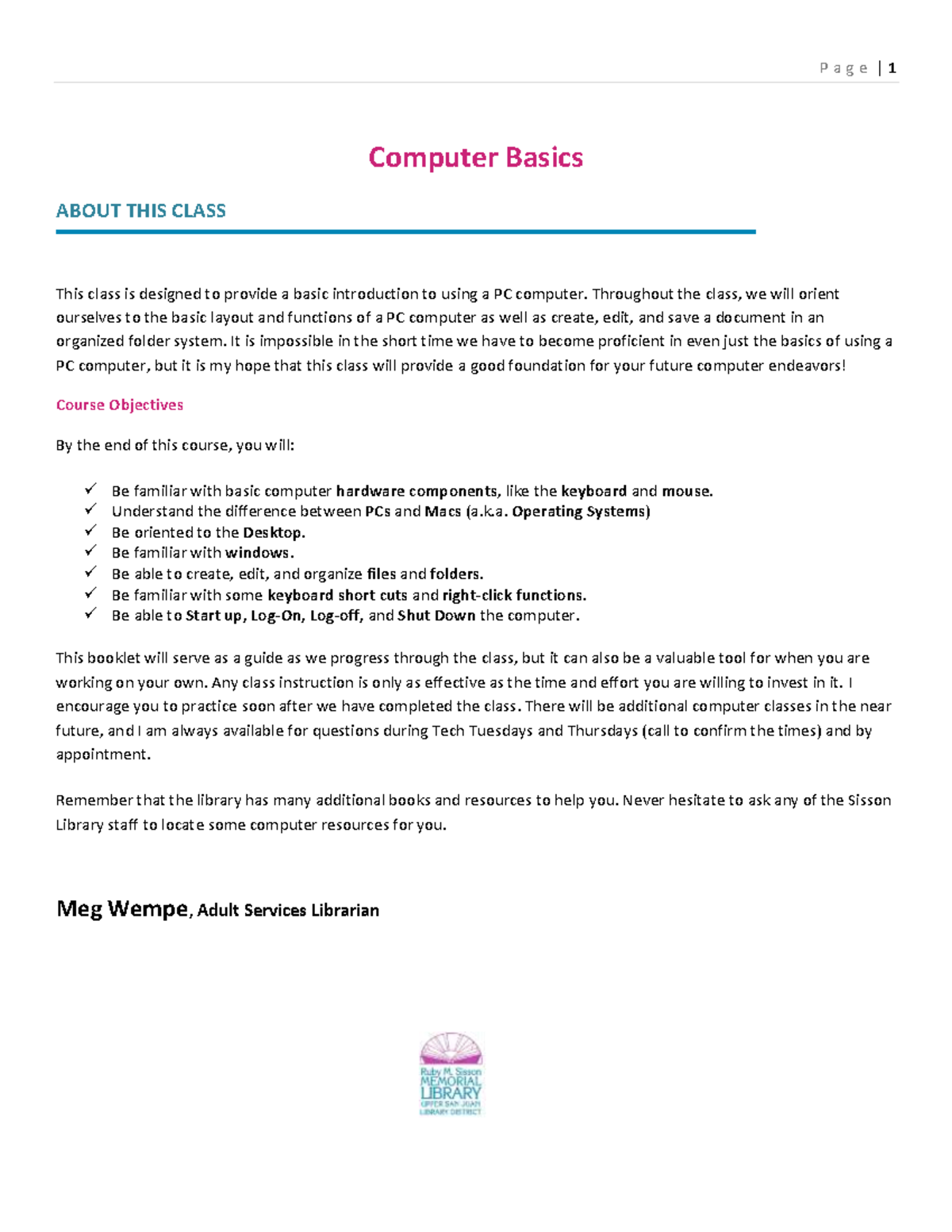 Computer Basics Class Handout - Computer Basics ABOUT THIS CLASS This ...