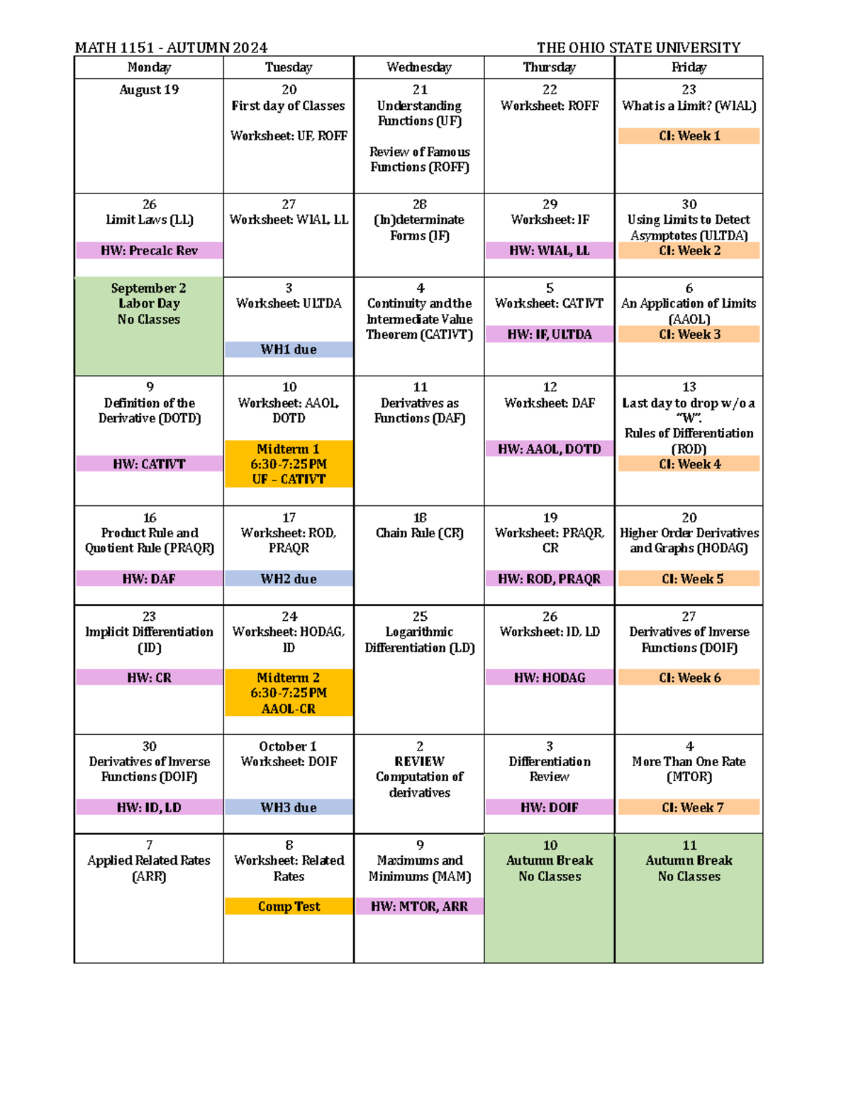 1151Calendar Au 24 - schedule - MATH 1151 - AUTUMN 20 24 THE OHIO STATE ...