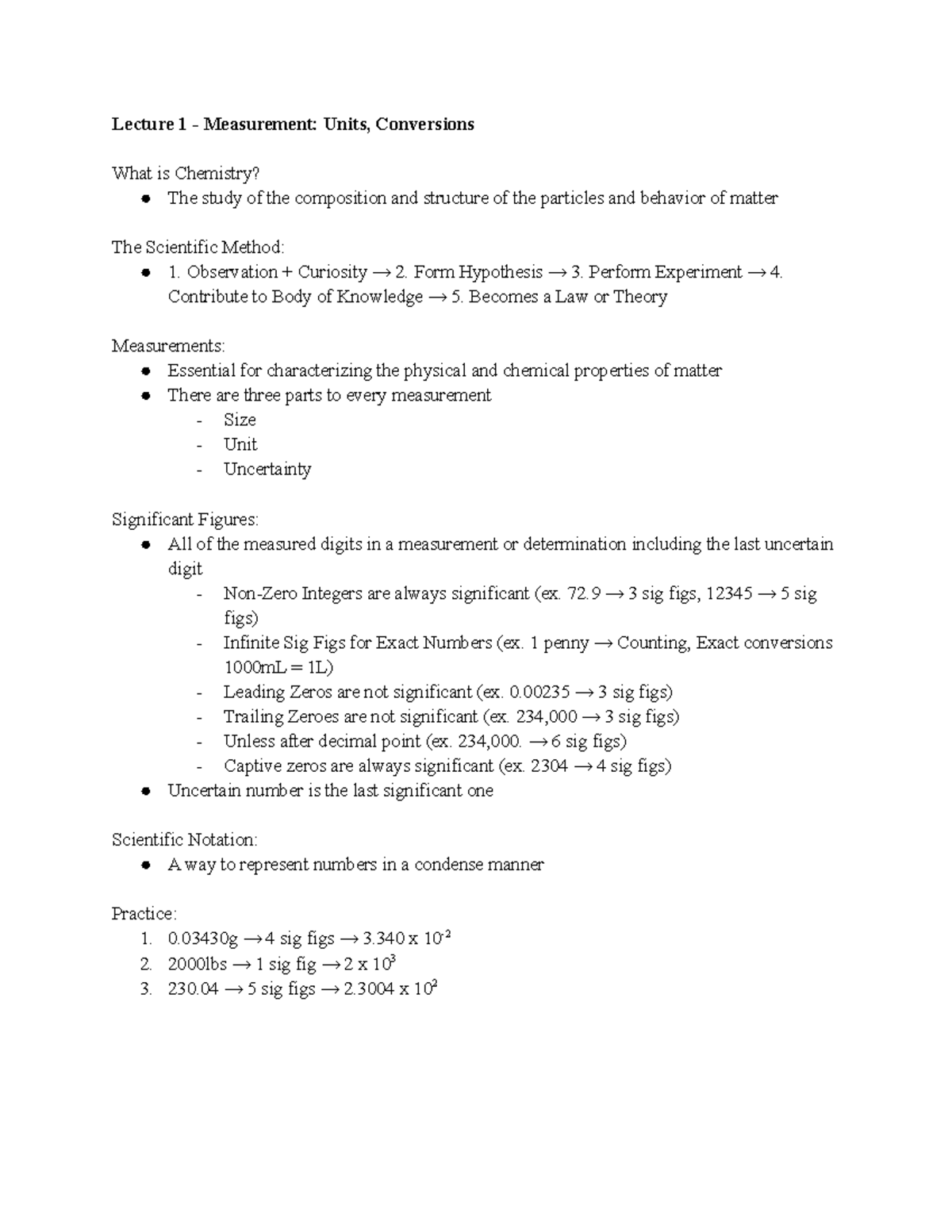 CHEM 104 Lecture 1 Notes - Lecture 1 - Measurement: Units, Conversions ...