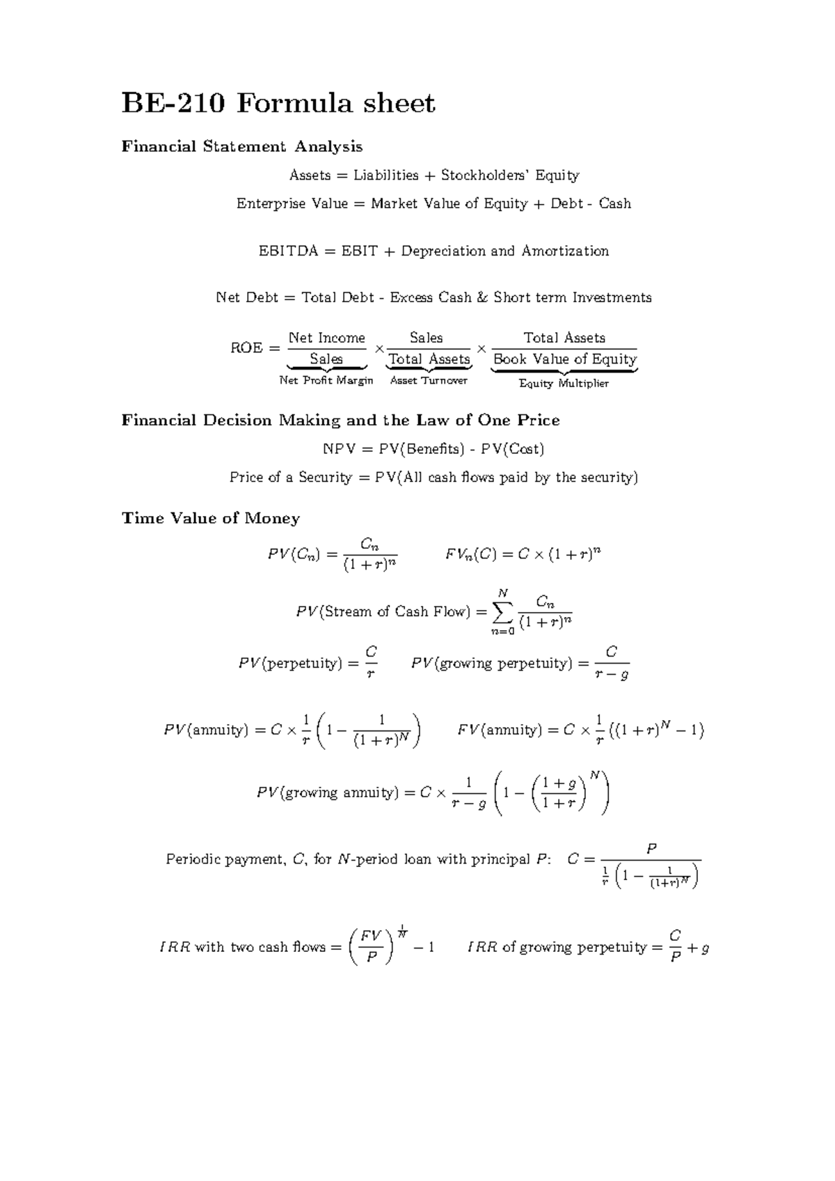 Formelark BE210 (Januar 2024) - BE-210 Formula sheet Financial ...