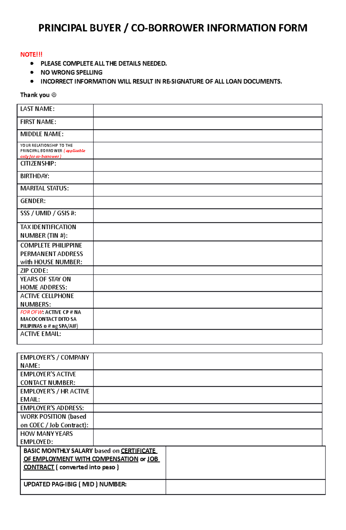 Buyers- Information-FORM - PRINCIPAL BUYER / CO-BORROWER INFORMATION FORM NOTE!!! PLEASE ...