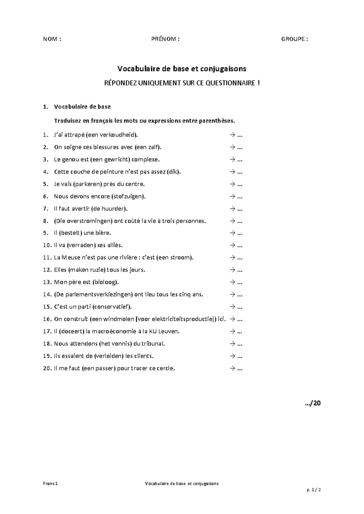 Test modèle vocabulaire de base et conjugaisons (bonus-malus) - Frans 1 ...
